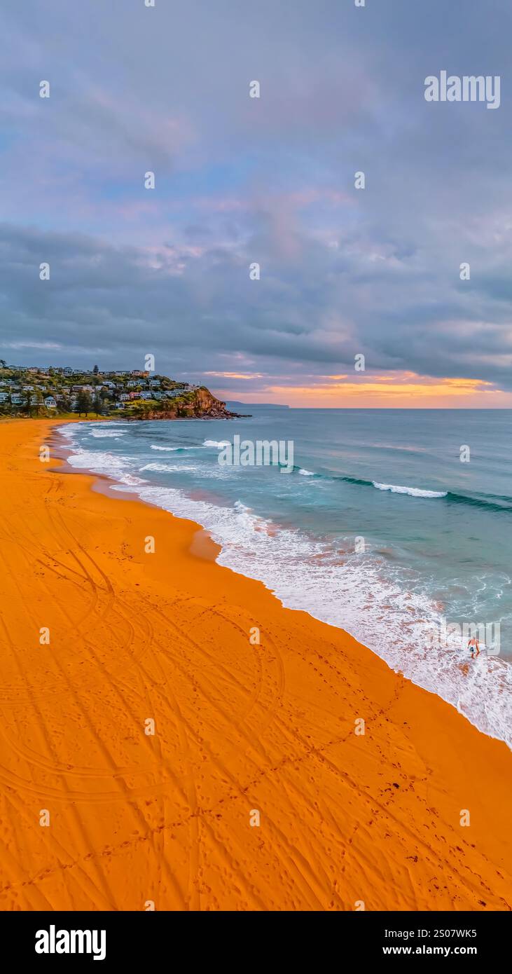 Aerial sunrise over Whale Beach in the Northern Beaches region of ...
