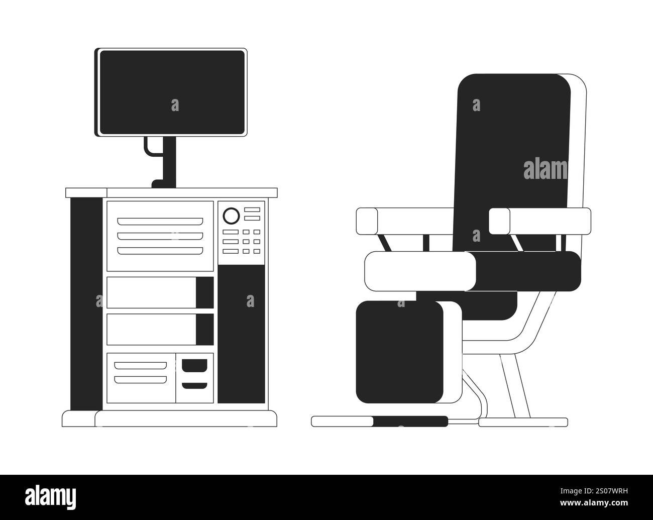 Medical equipment and examination chair black and white 2D line object ...
