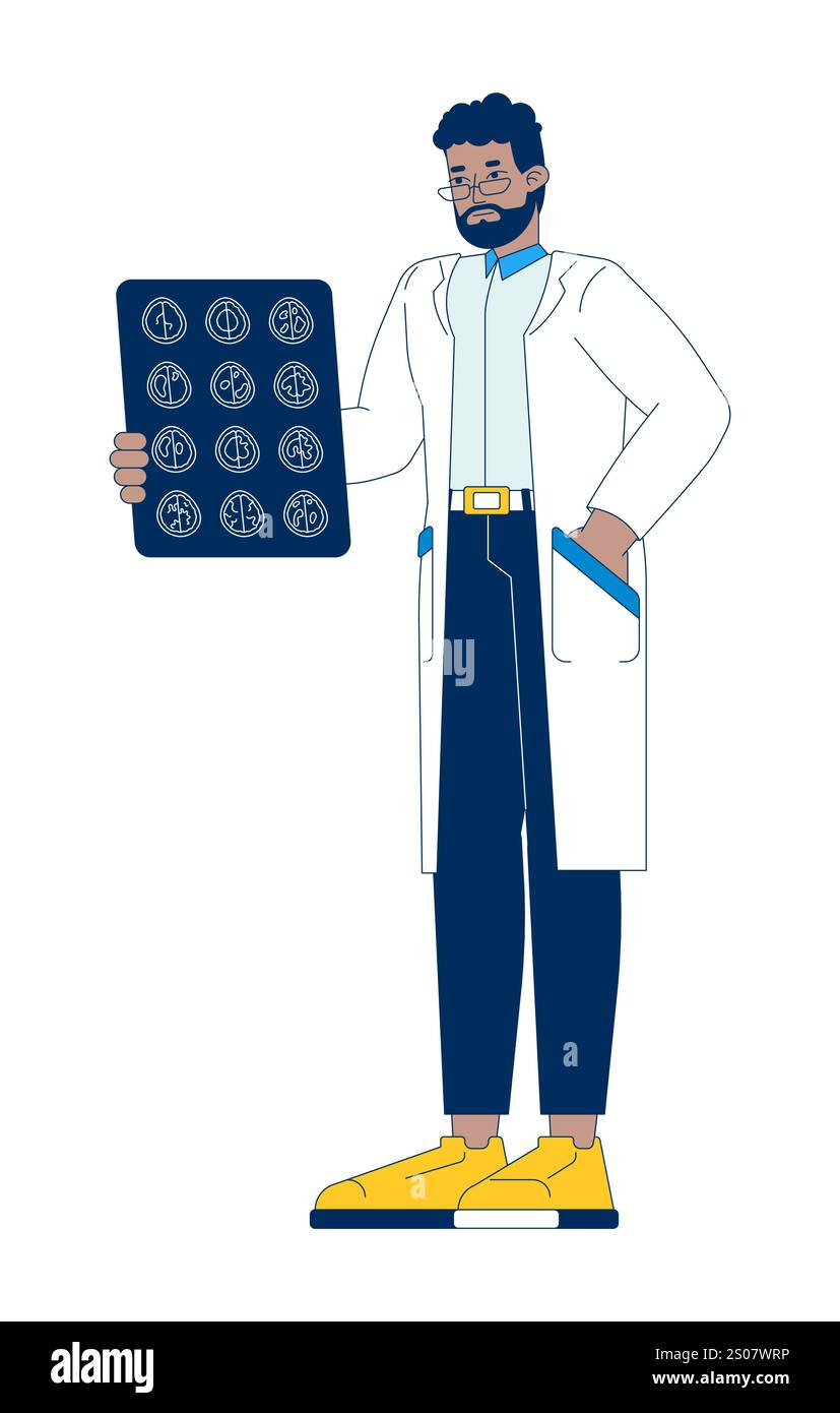 African american male doctor holding brain scan report 2D cartoon ...