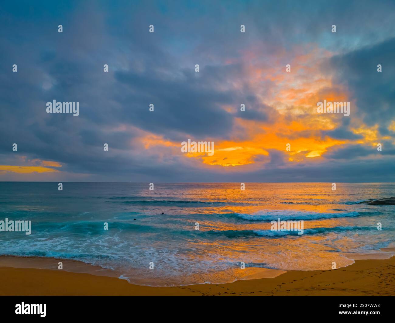 Aerial sunrise over Whale Beach in the Northern Beaches region of ...