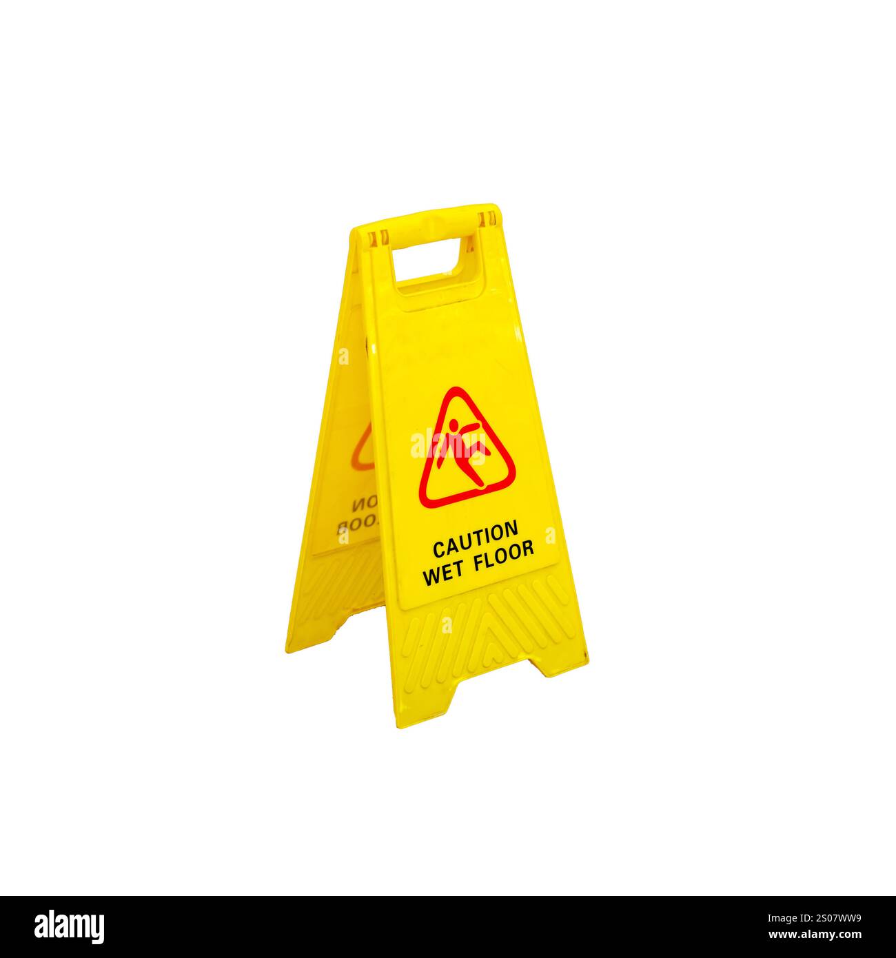 A bright yellow wet floor sign featuring a prominent red triangle ...