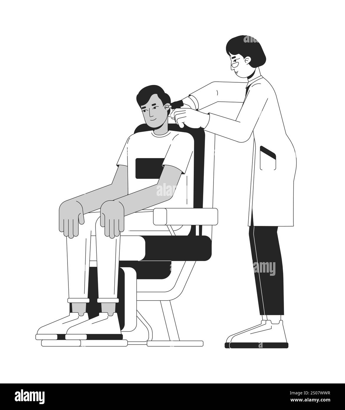 Seated male patient undergoing ear examination by doctor black and ...