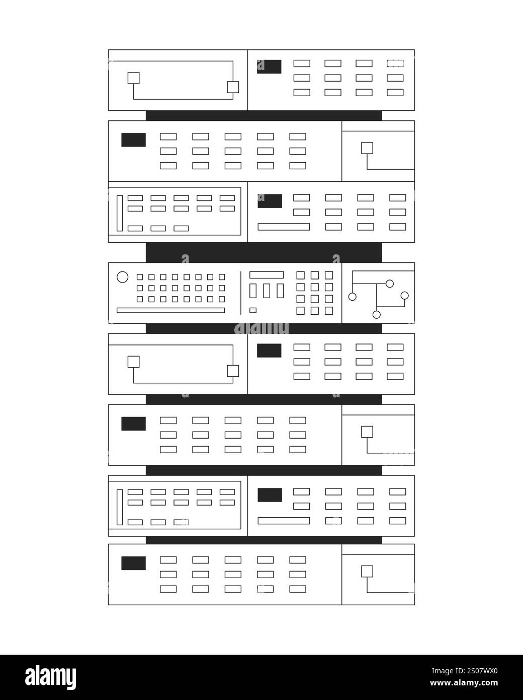 Data server rack with panels and buttons black and white 2D line object ...