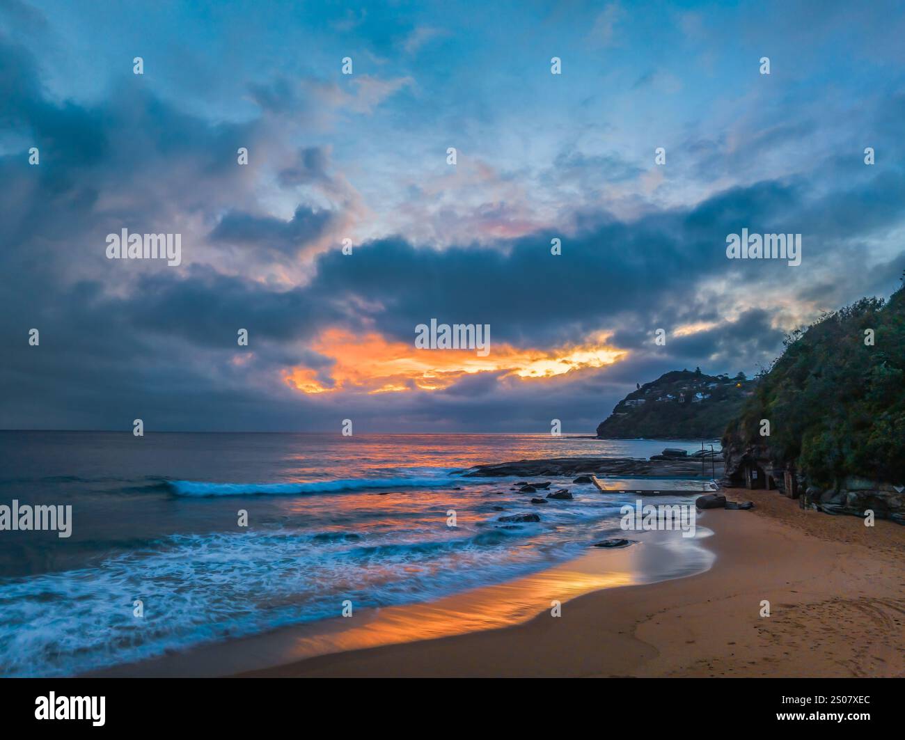Aerial sunrise over Whale Beach in the Northern Beaches region of ...