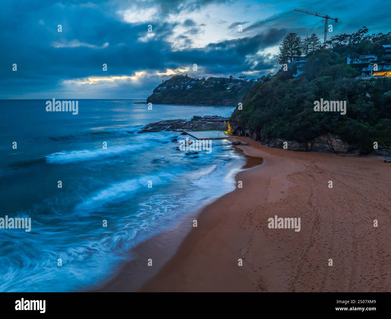 Aerial sunrise over Whale Beach in the Northern Beaches region of ...