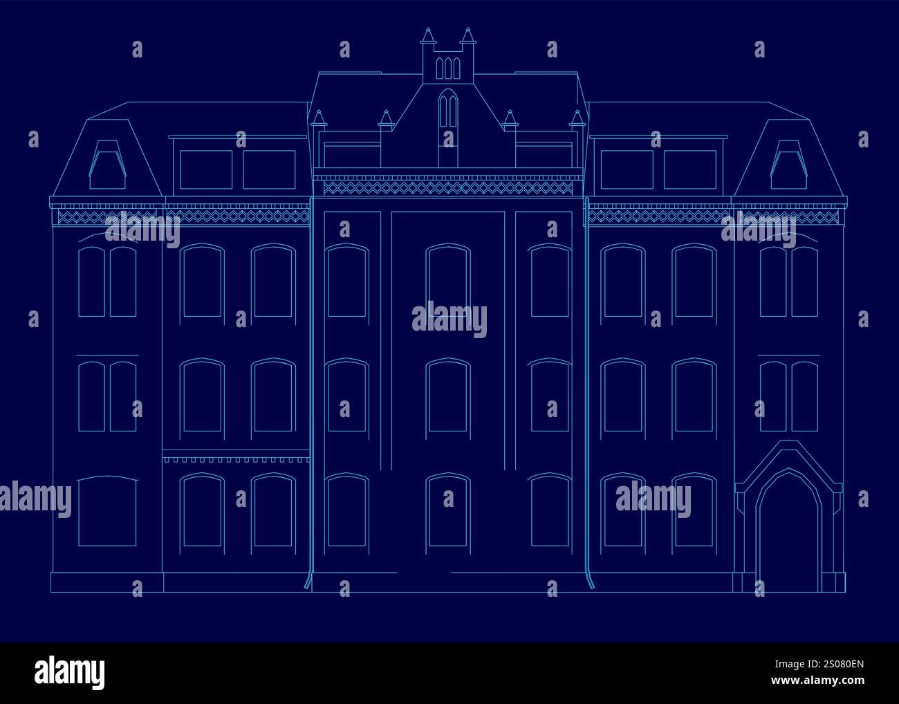 Blue drawing of a building with a lot of windows. The building is very ...