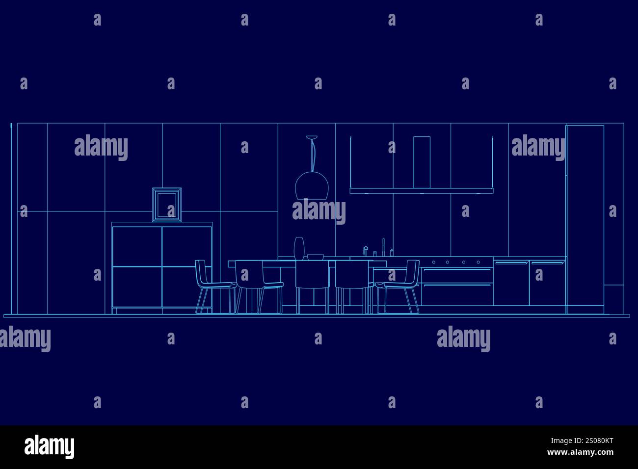 Blue drawing of a kitchen with a dining table and chairs. The kitchen ...