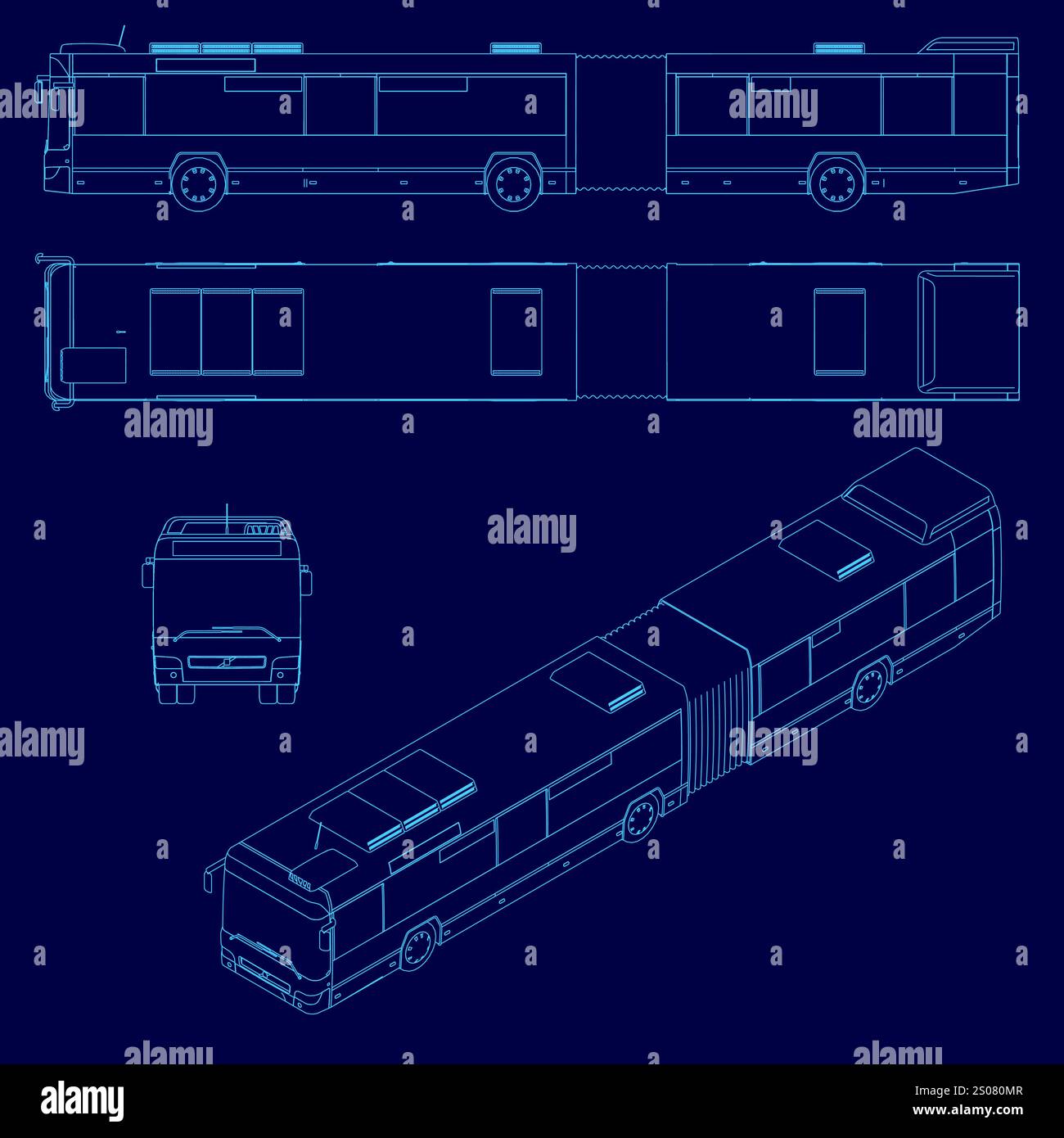 Blue bus with a roof and a stripe. The bus is shown in different angles ...