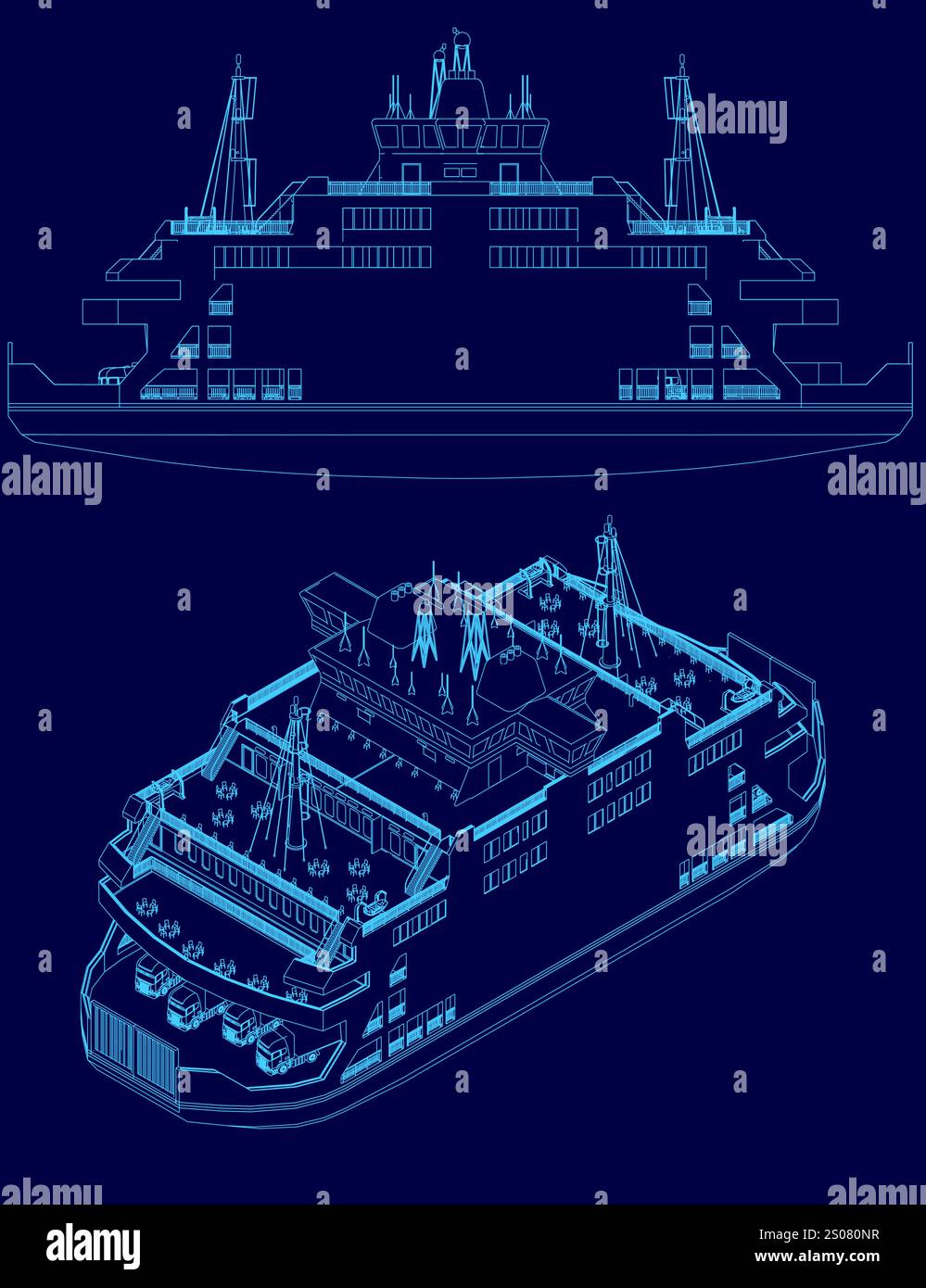 Blue drawing of a ship with a blue background. The ship is shown in two ...