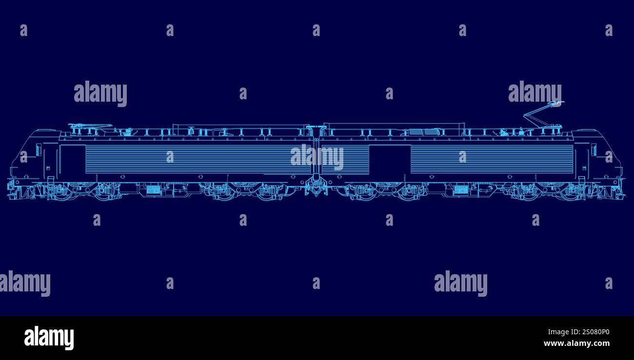 Train is shown in blue. The train is long and has many windows. The ...