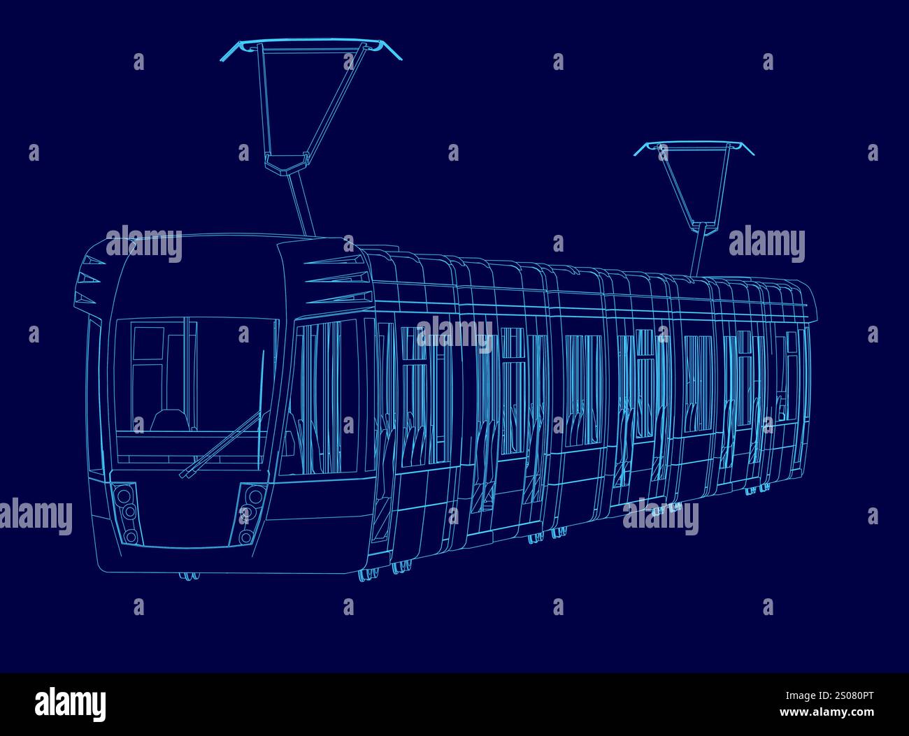 Blue train with a blue background. The train is shown in a 3D drawing ...