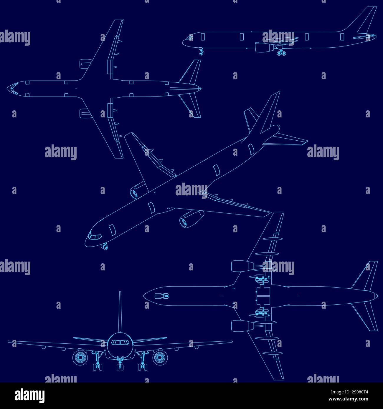 Blue airplane with a tail. The airplane is shown in different angles ...