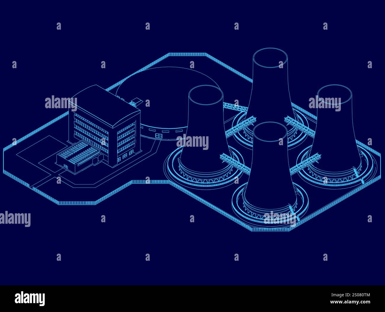Blue drawing of a city with a large building and four tall towers. The ...