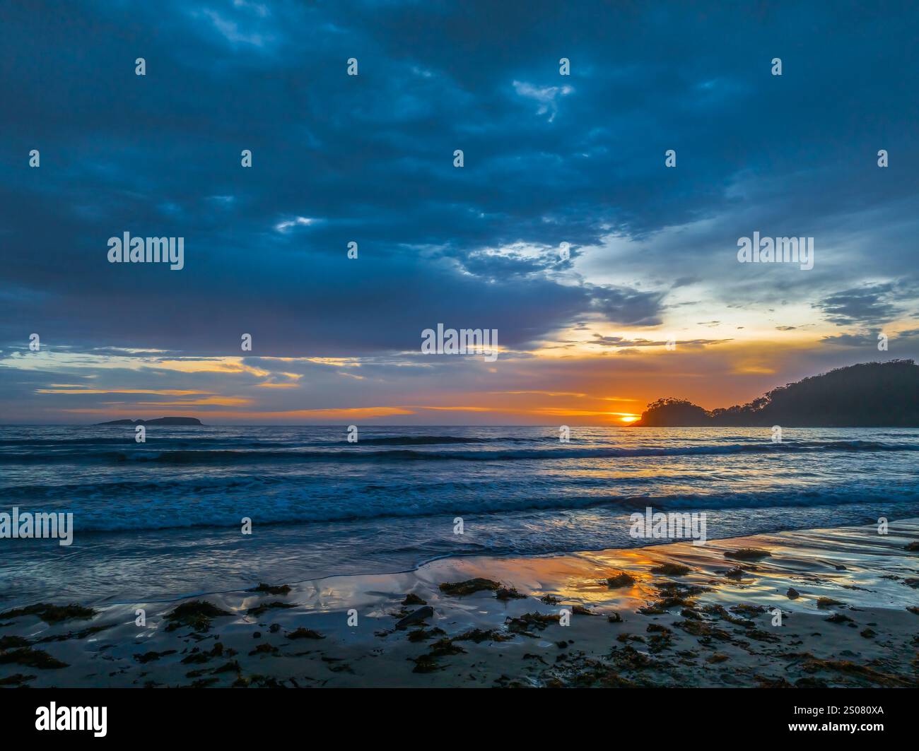 Early morning aerial views over the beach and sea with clouds at Surf ...