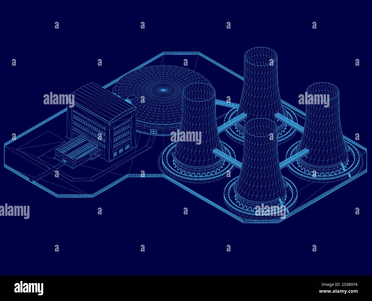 Blue drawing of a city with a large building and a power plant. The ...