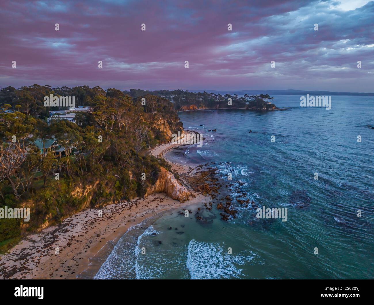 Early morning aerial views over the beach and sea with clouds at Surf ...