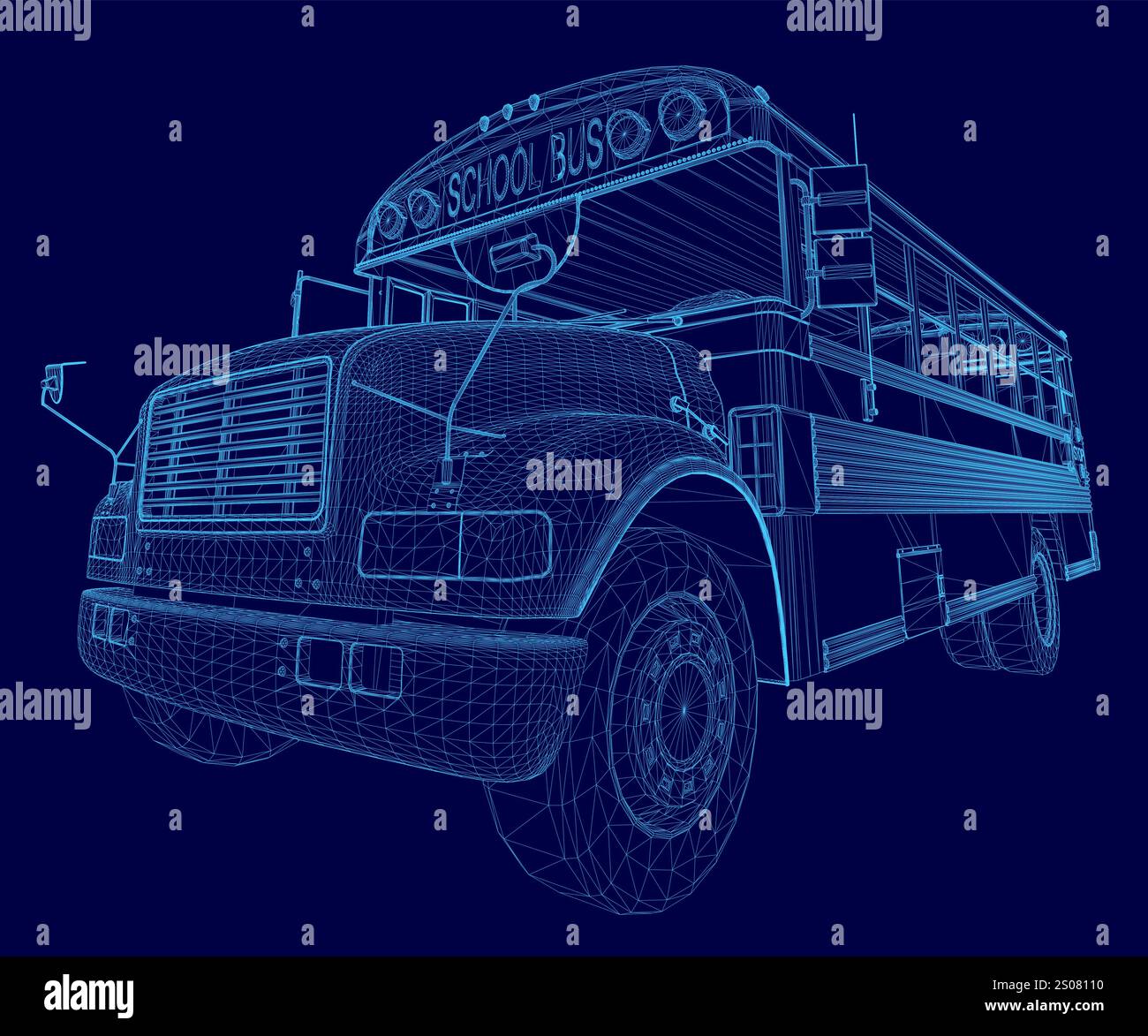 Blue bus with the word school bus on the front. The bus is shown in a ...