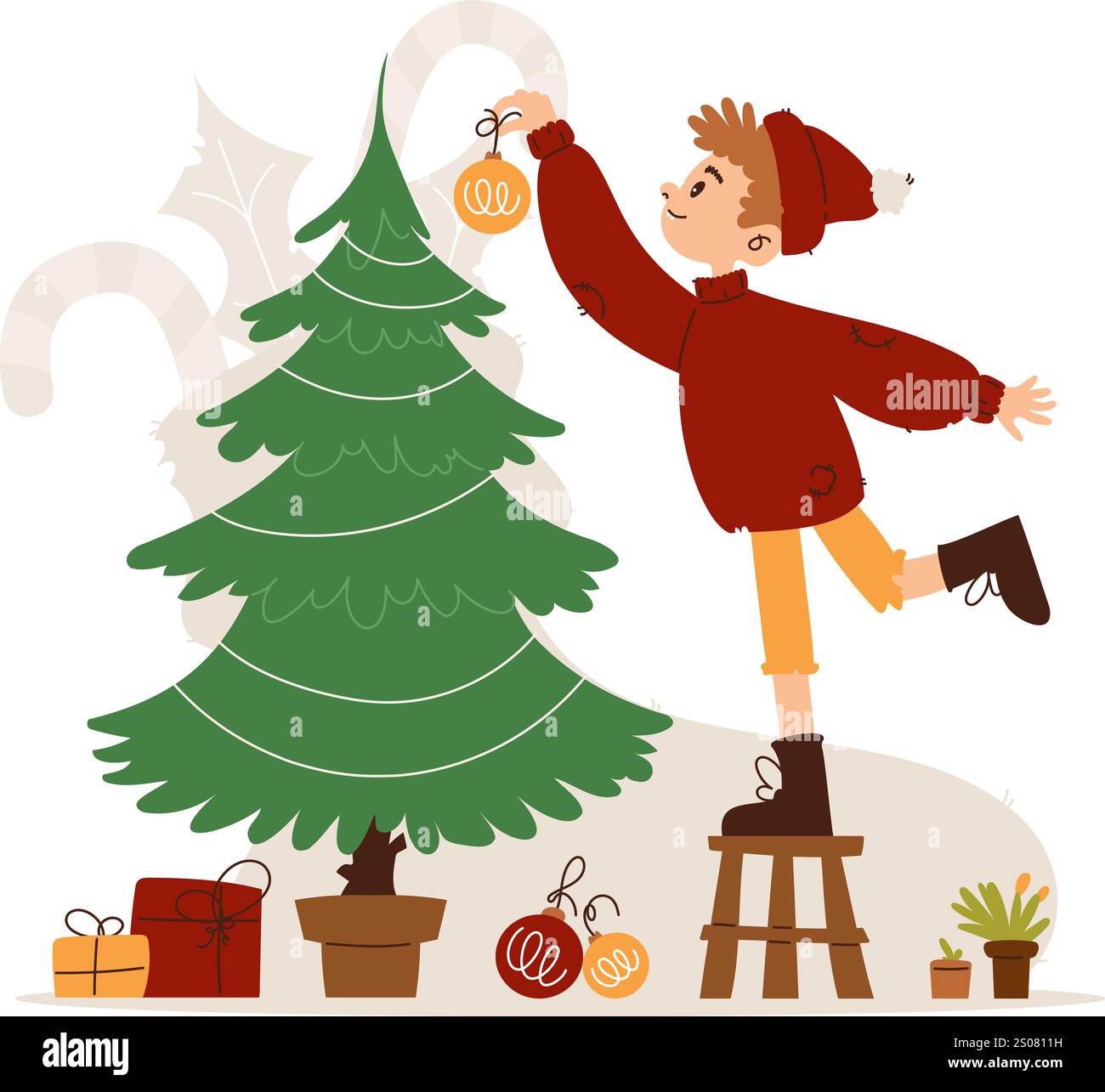 Illustration of a cheerful boy decorating a Christmas tree with ...