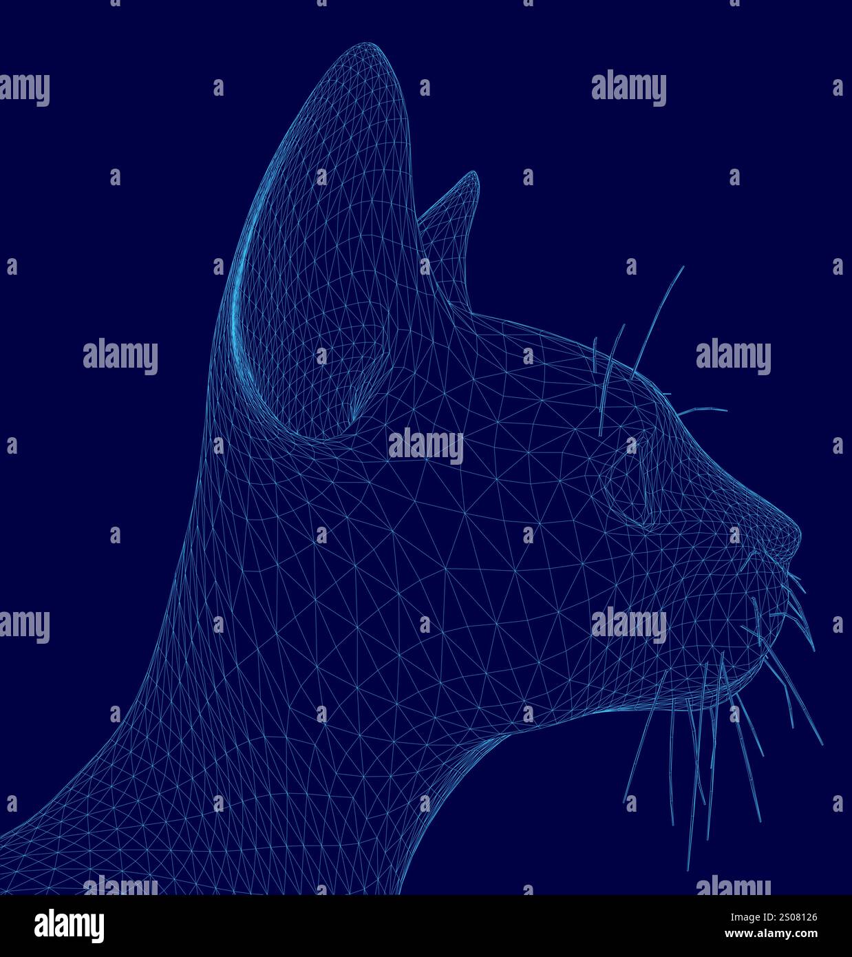 Cat's head is shown in a blue color. The cat's head is made of a mesh ...