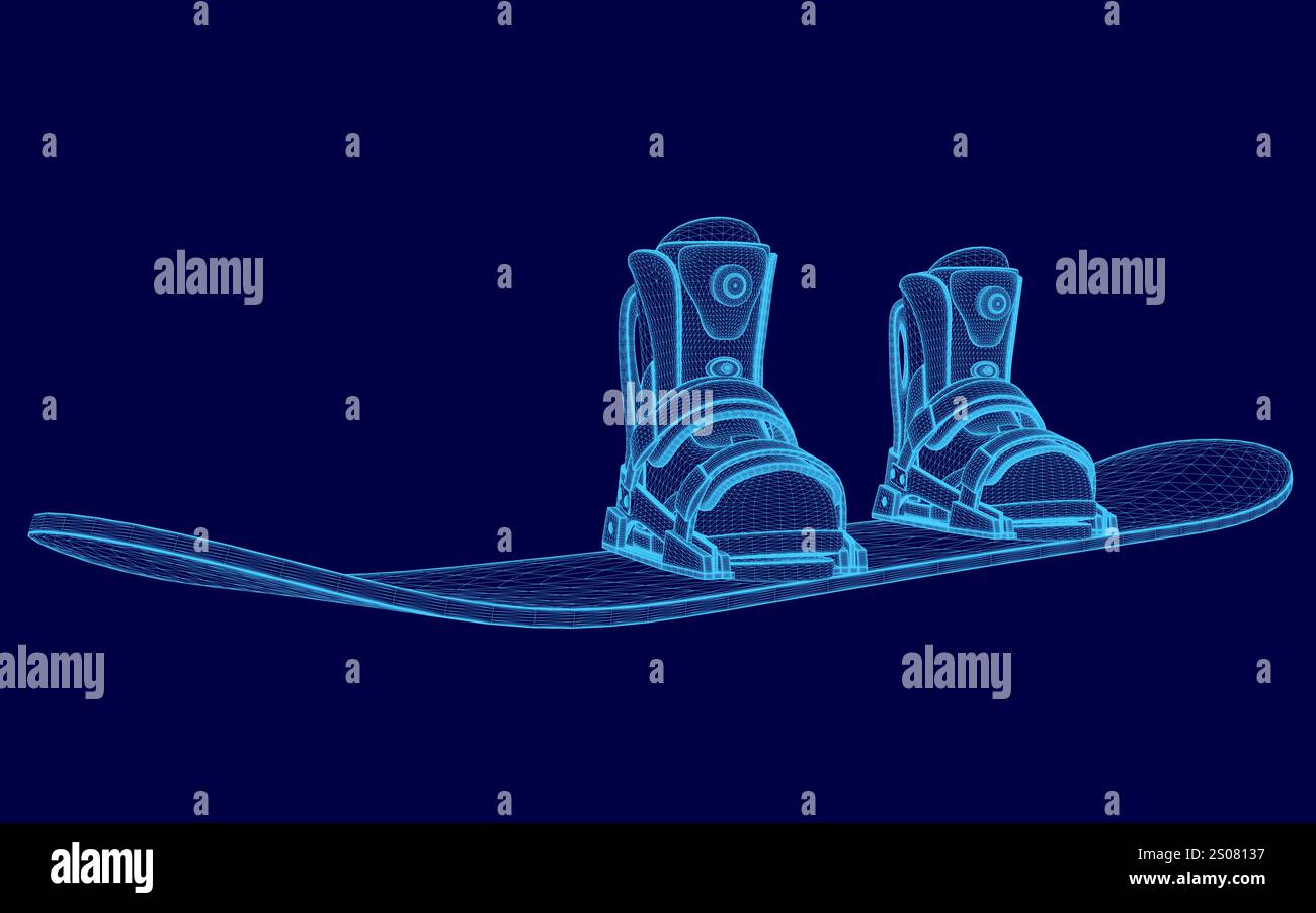 Blue and white image of a snowboard with two snowboard boots on it. The ...