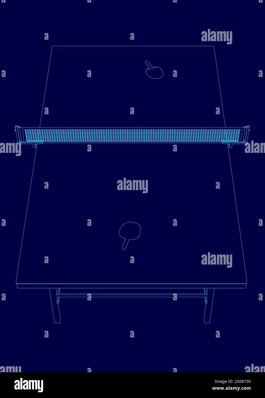 Blue image of a ping pong table with a net. The table is empty and the ...