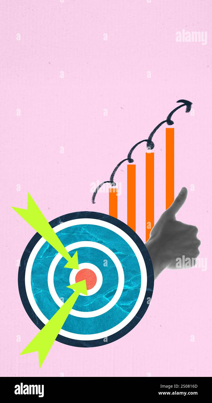 Poster. Contemporary art collage. Hand giving thumbs-up near target ...