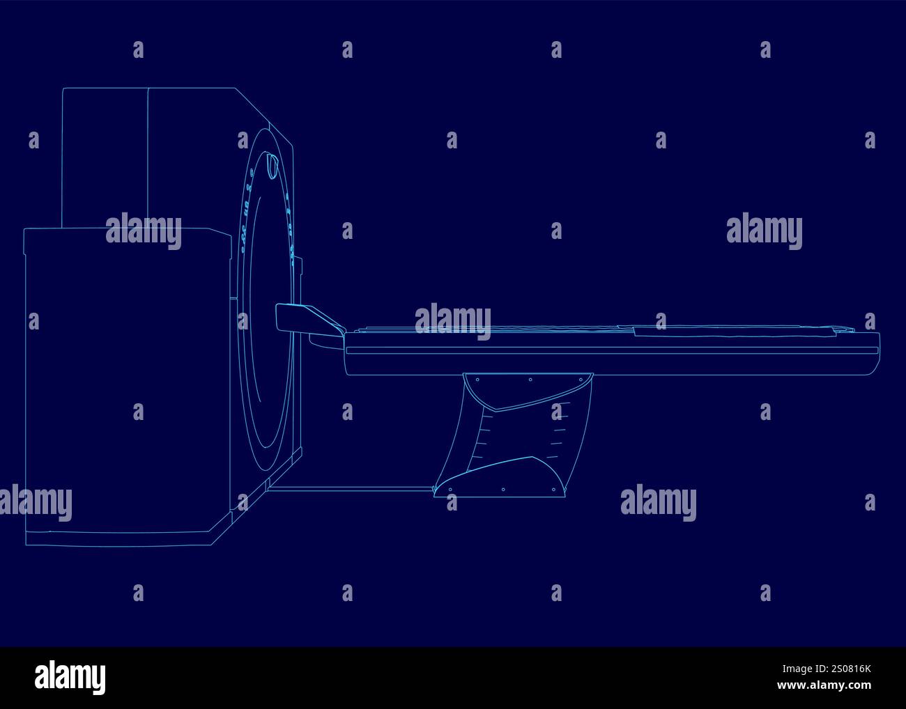 Blue image of a medical device. The device is a CT scanner. The image ...