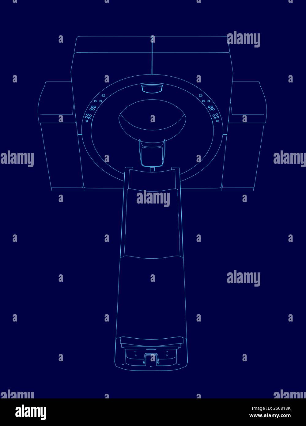 Blue drawing of a medical imaging machine. The drawing is of a person ...