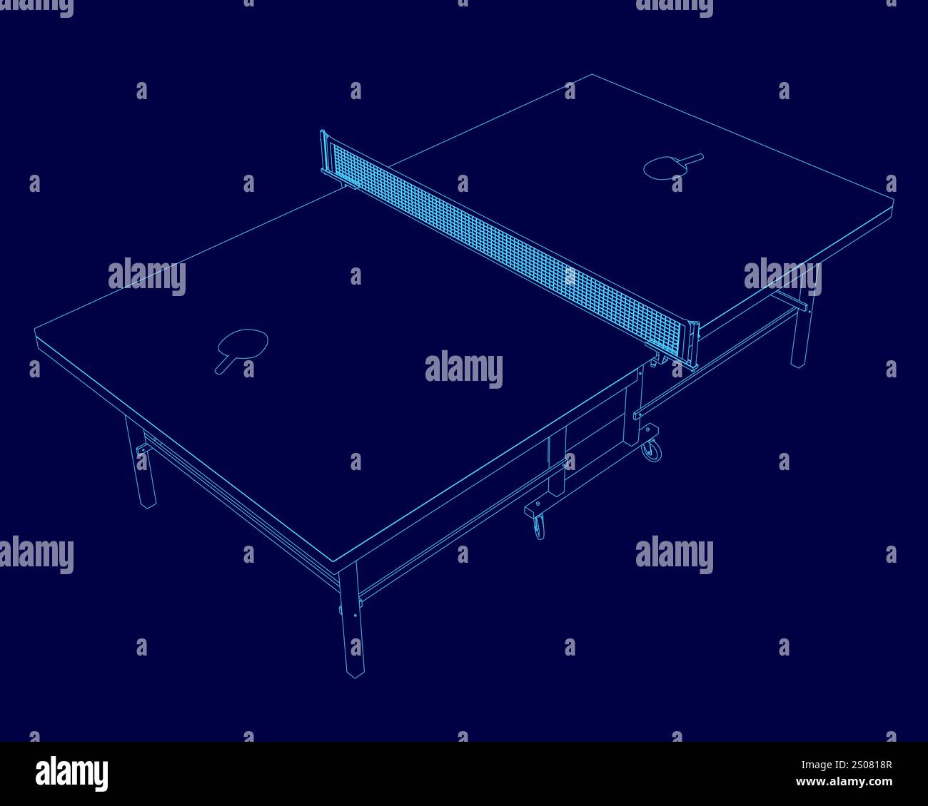 Blue drawing of a ping pong table with a net. The table is shown in a ...