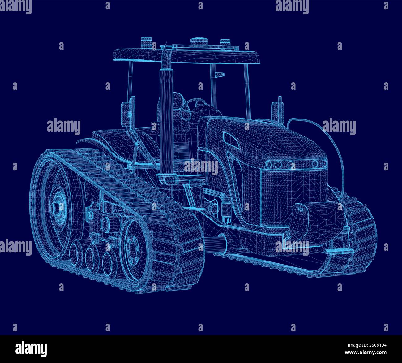 Blue drawing of a tractor. The tractor is shown in a stylized way, with ...