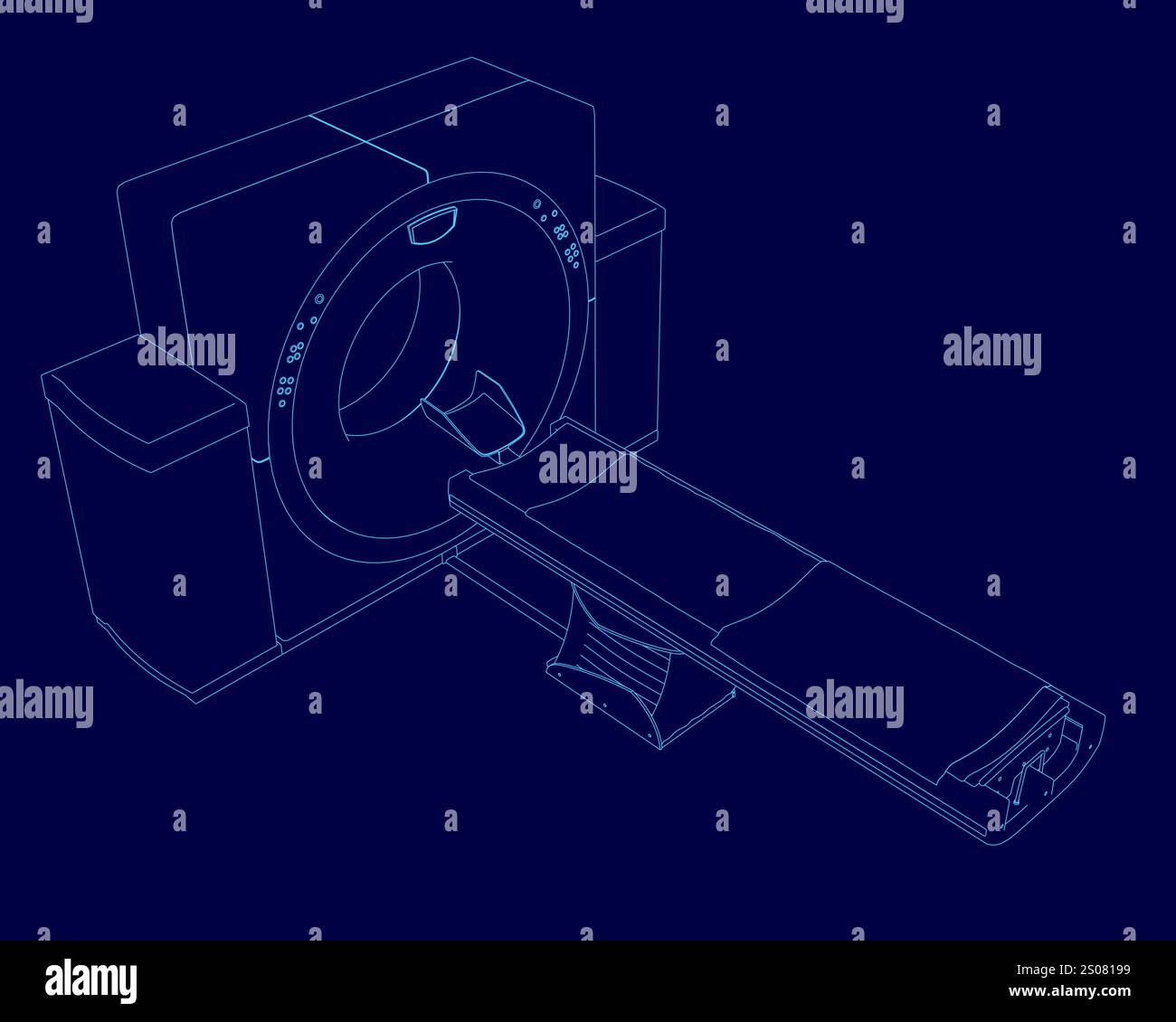 Blue drawing of a CT scanner. The CT scanner is a large machine with a ...