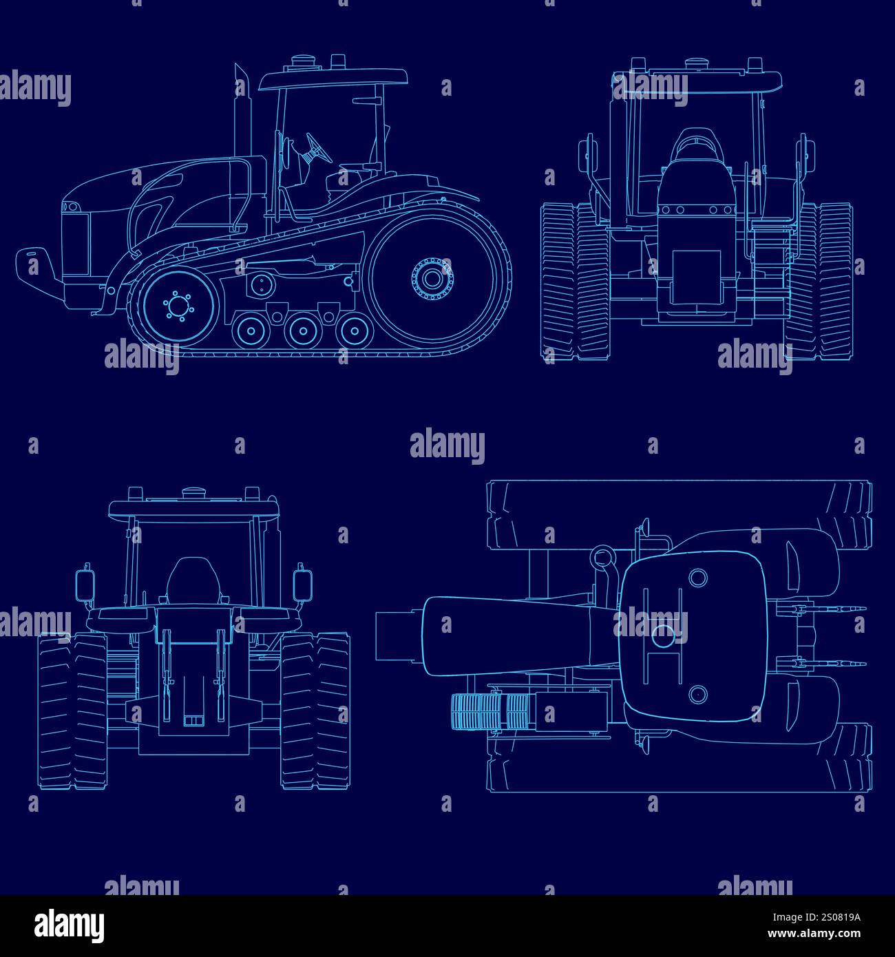 Blue drawing of a tractor with a blue drawing of the back of the ...
