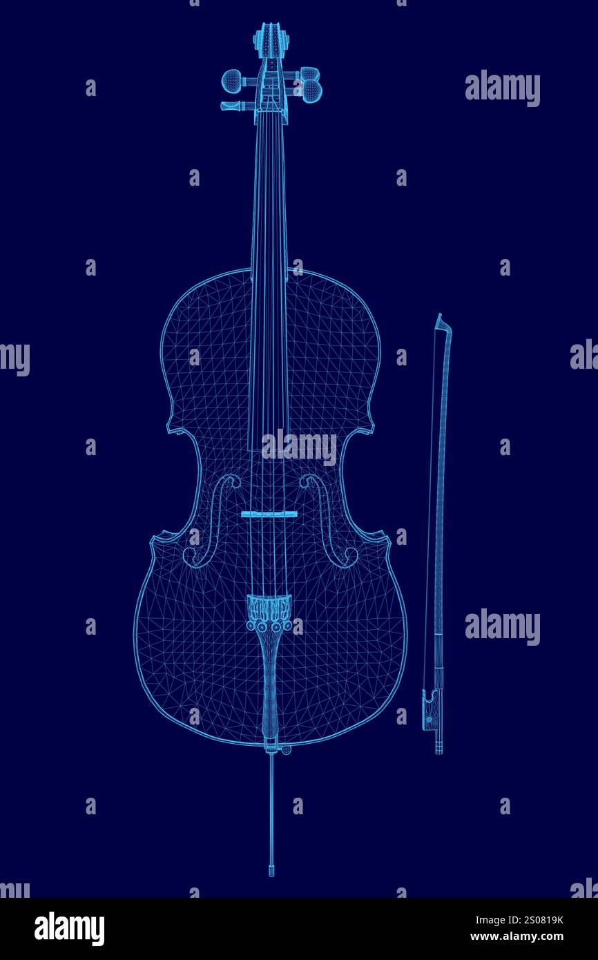 Blue image of a cello with a blue background. The cello is shown in a ...