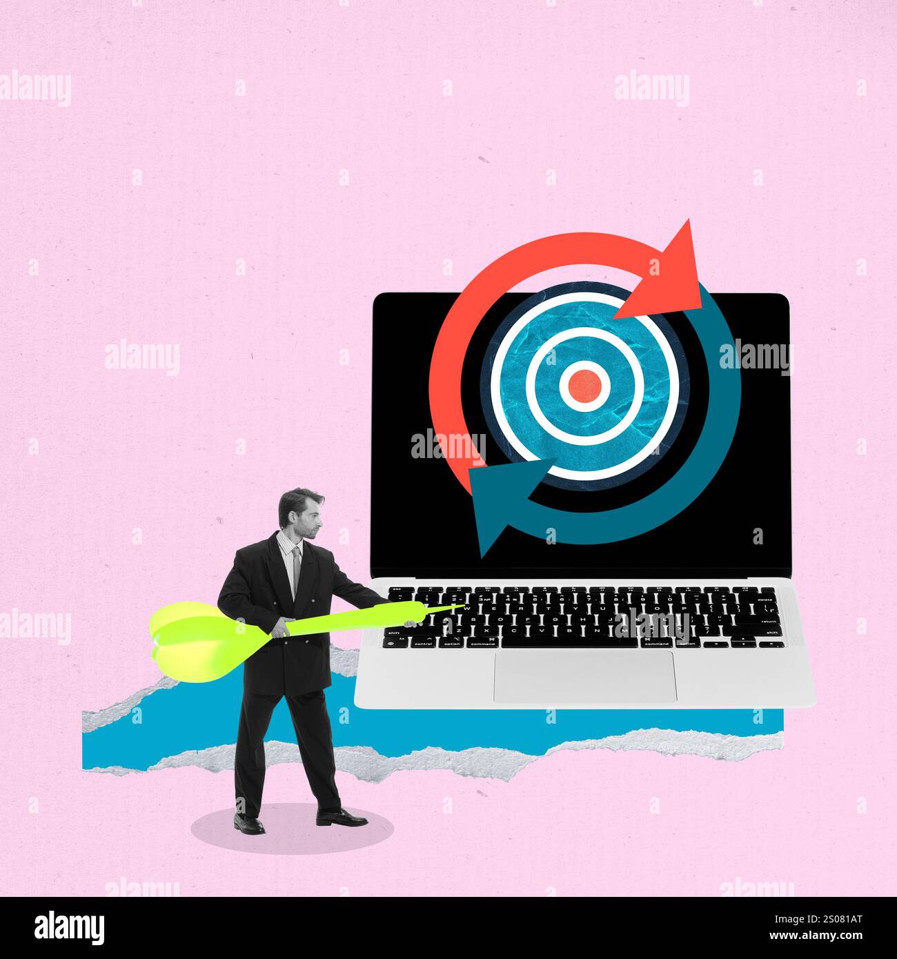 Poster. Contemporary art collage. Man in suit pointing at laptop screen ...