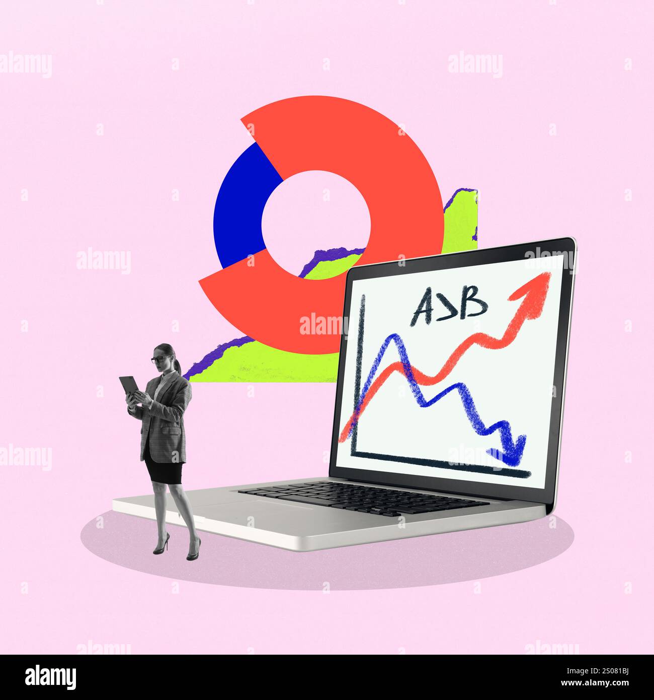 Poster. Contemporary art collage. Woman in blazer and skirt holding ...