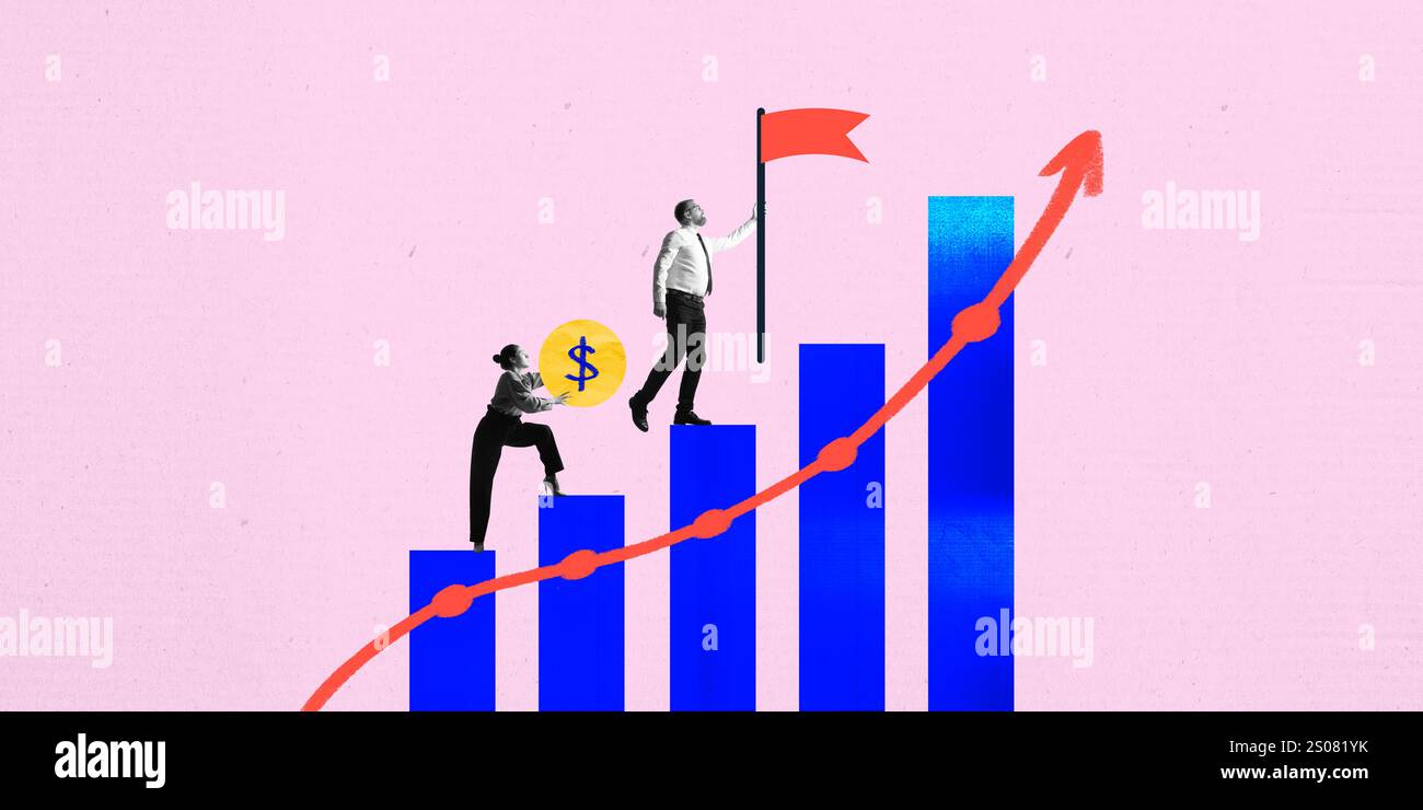 Poster. Contemporary art collage. Woman pushing coin symbol up blue bar ...