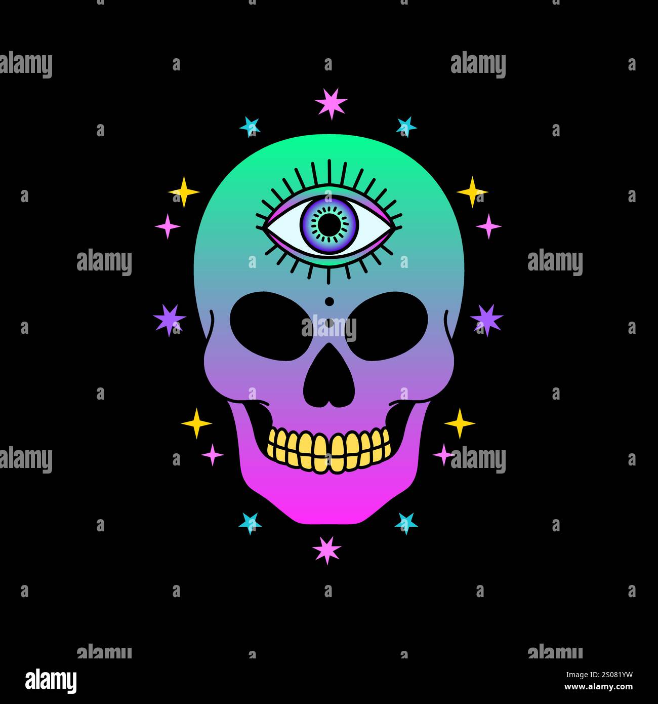 Skull with third eye in neon pink and green tones, surrounded by stars ...