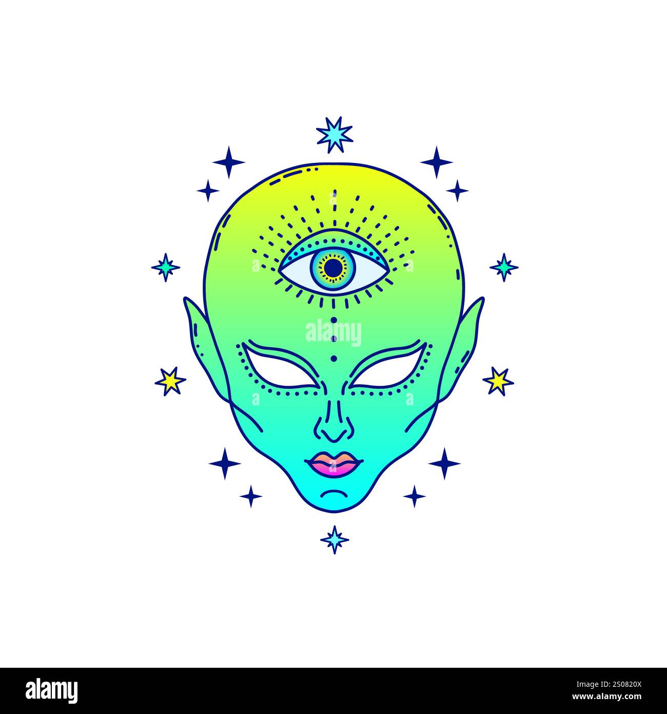 Alien face with third eye in neon green and blue tones, surrounded by ...