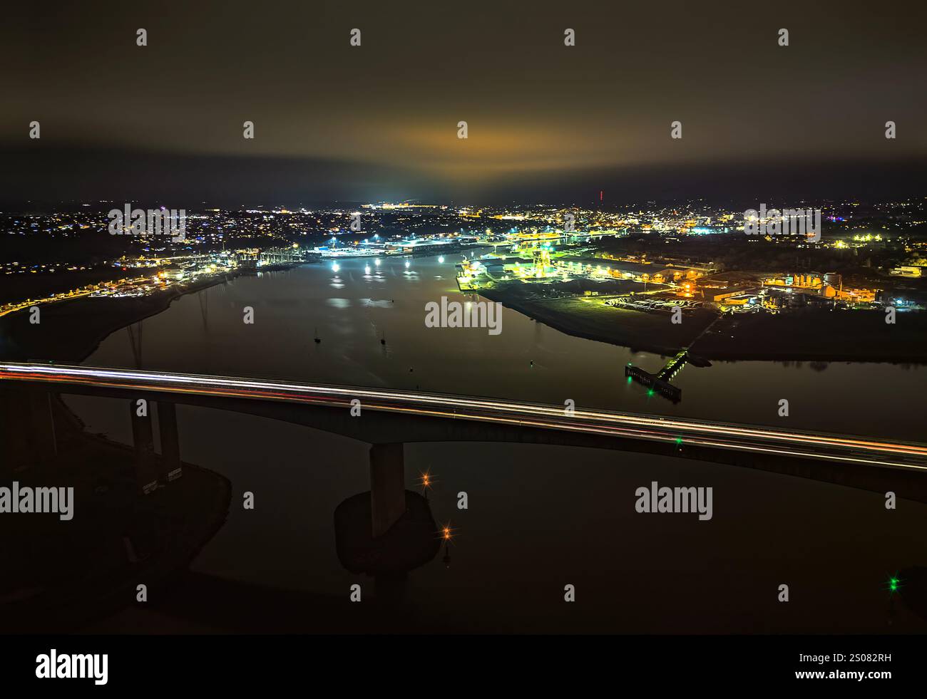 An aerial view of light trails created by vehicles crossing the Orwell ...