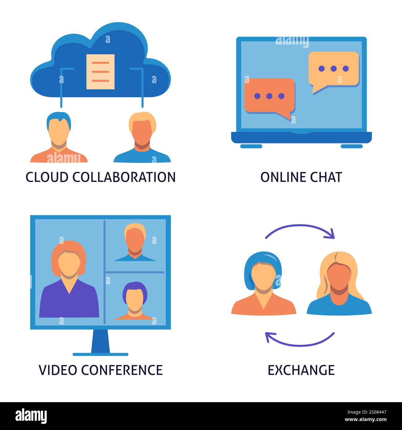 Remote teamwork flat icon set. Online collaboration, chat and video ...