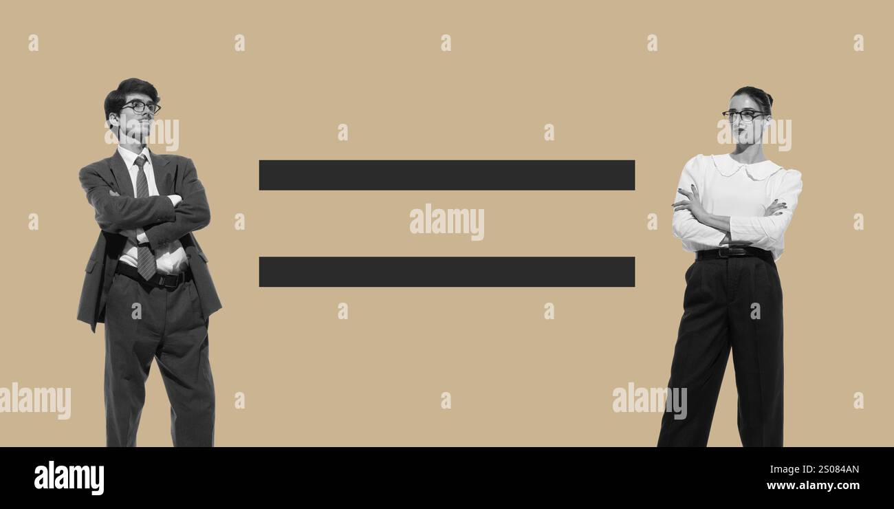 Business people, man and woman face each other, separated by two ...