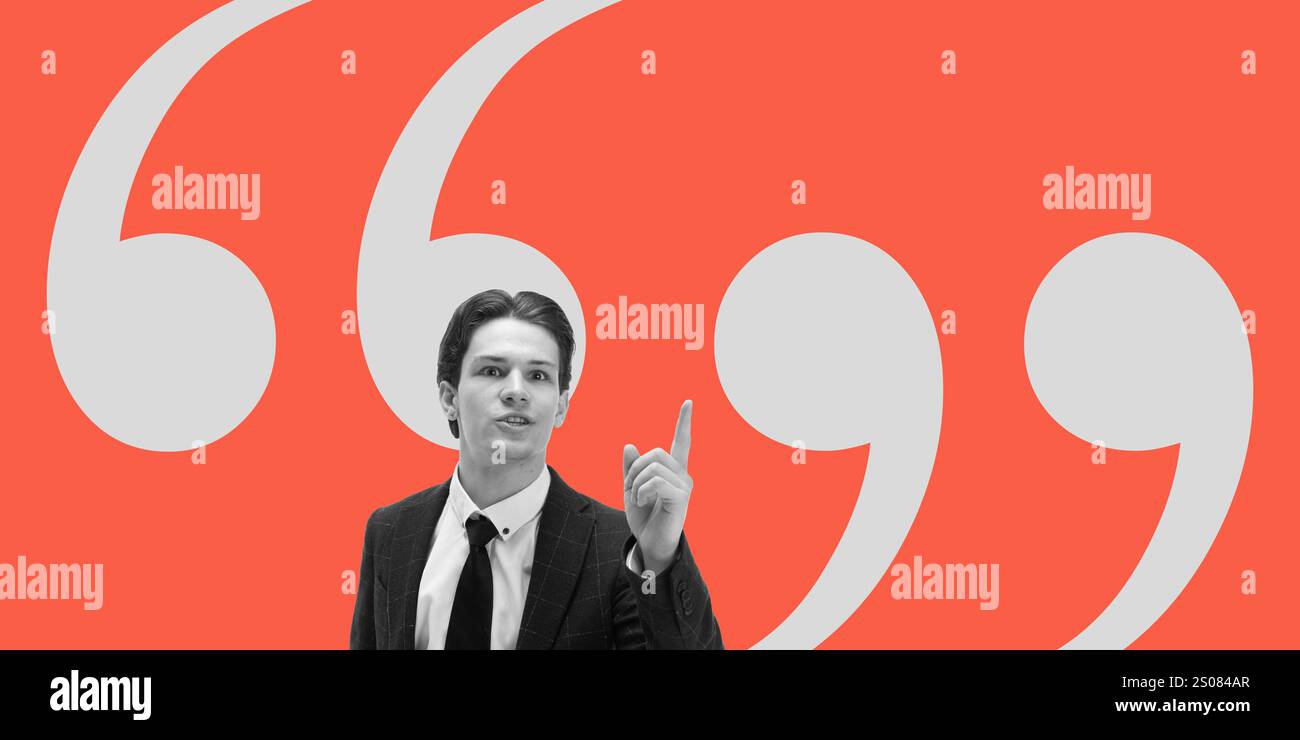 Businessman gestures energetically in front of oversized quotation ...