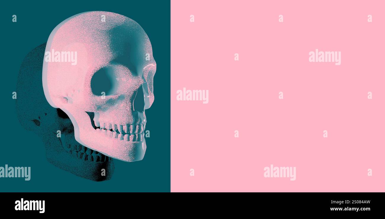 Poster. Contemporary art collage. 3D human skull model in pink and teal ...