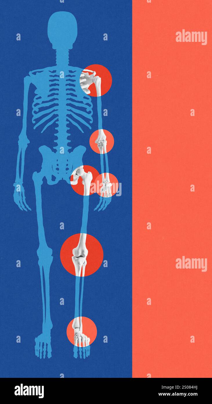 Poster. Contemporary art collage. Full human skeleton silhouette with ...