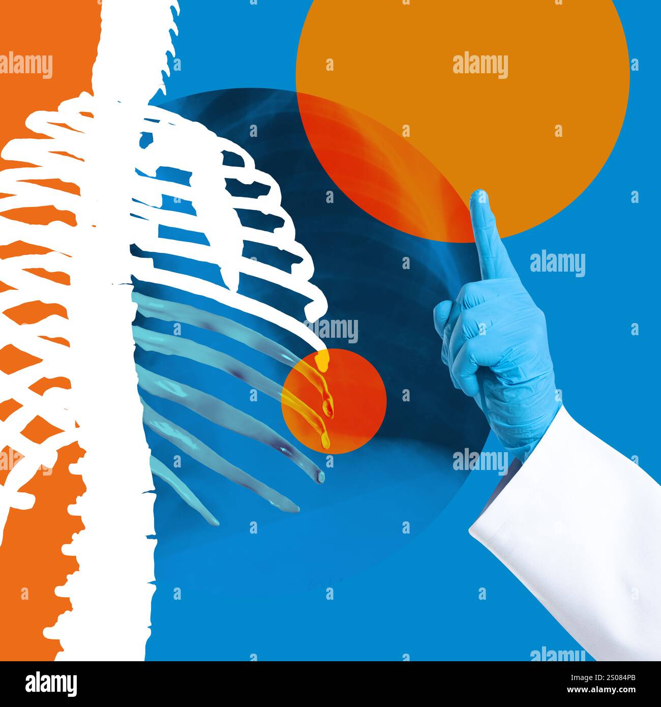 Poster. Contemporary art collage. Hand of doctor in glove pointing up ...