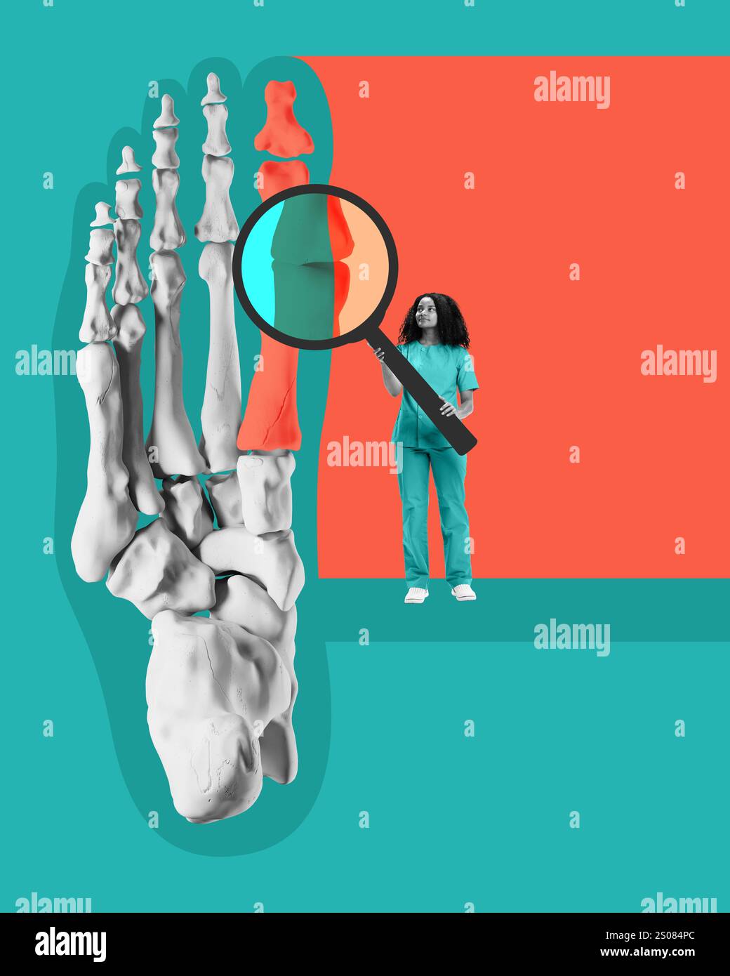 Poster. Contemporary art collage. Woman in teal scrubs holding magnifying glass near enlarged 3D ...