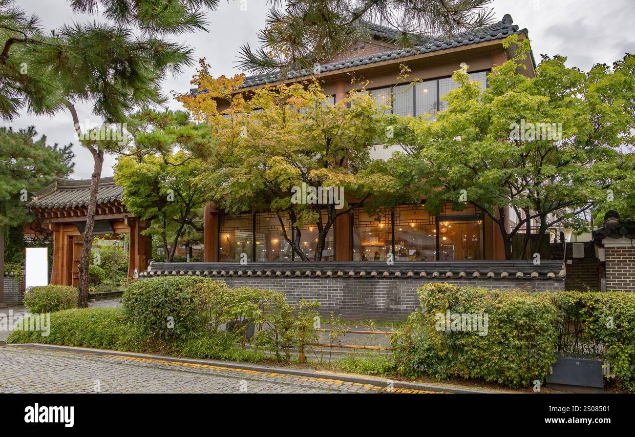 Treelined Korean traditional hanok restaurant building in Jeonju, South ...