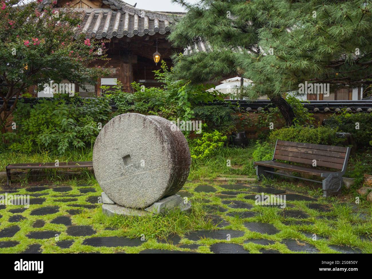 Green moss-covered stone plaza and park bench located in Jeonju, South ...