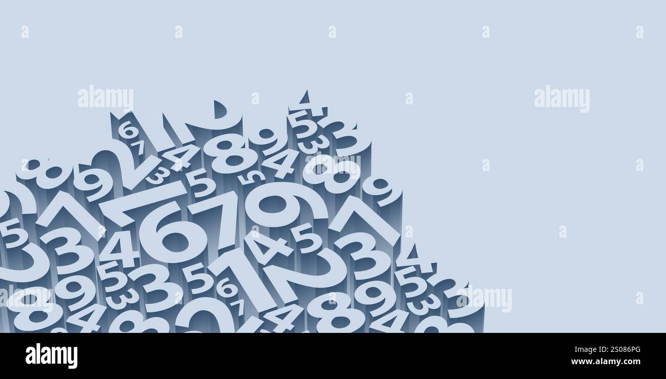 A light blue background design featuring floating mosaic of various numbers with 3D effect and ...