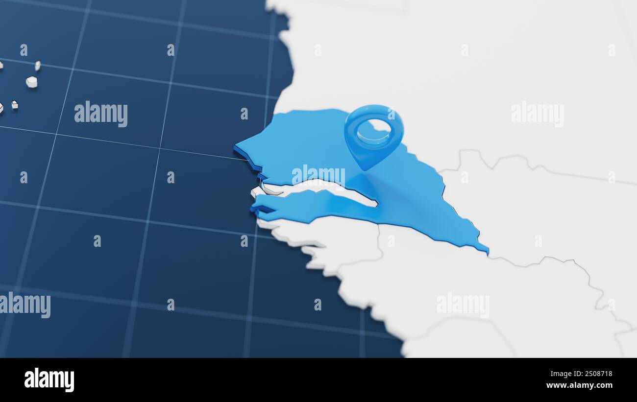 Blue Senegal 3d map with pointer pin surrounded with other countries in ...